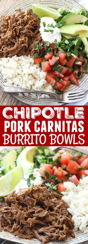 Chipotle Pork Carnitas Burrito Bowls - Belle of the Kitchen
